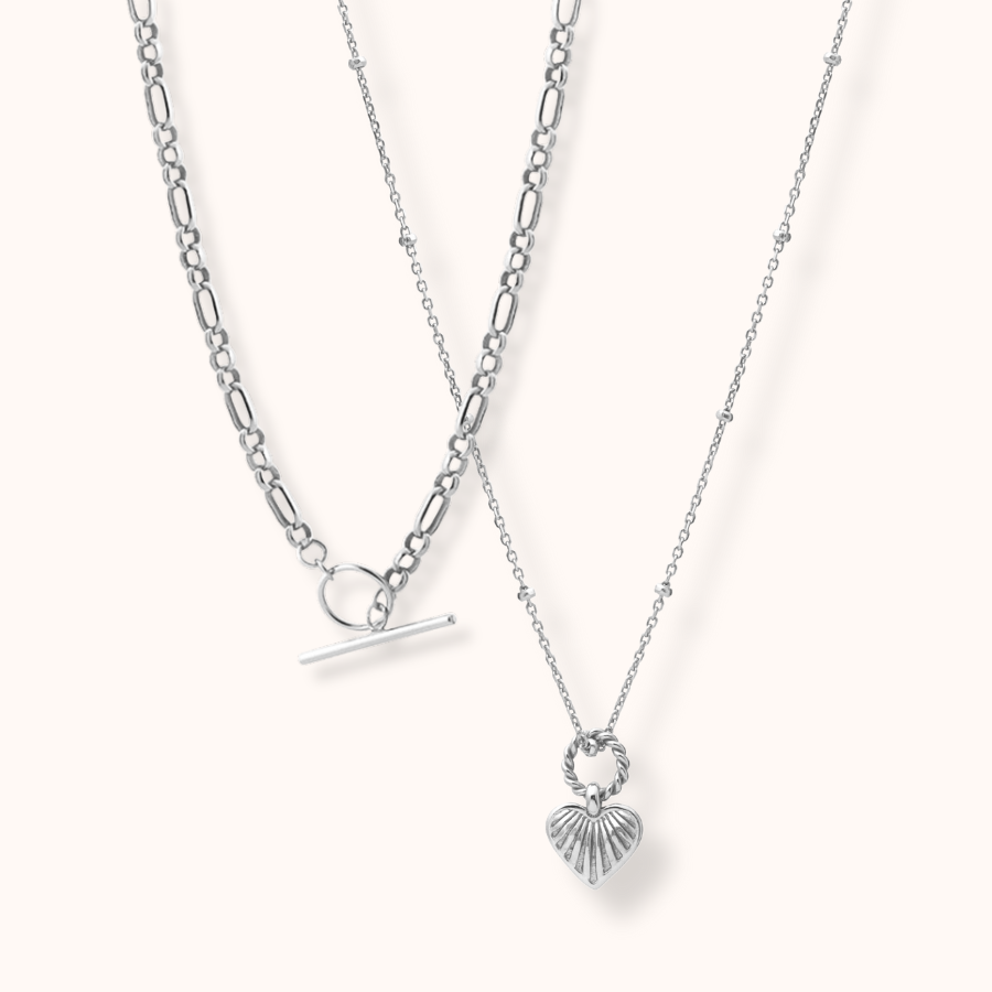 T-Bar Toggle & Dainty Heart Satellite Chain Necklace Layering Set ...